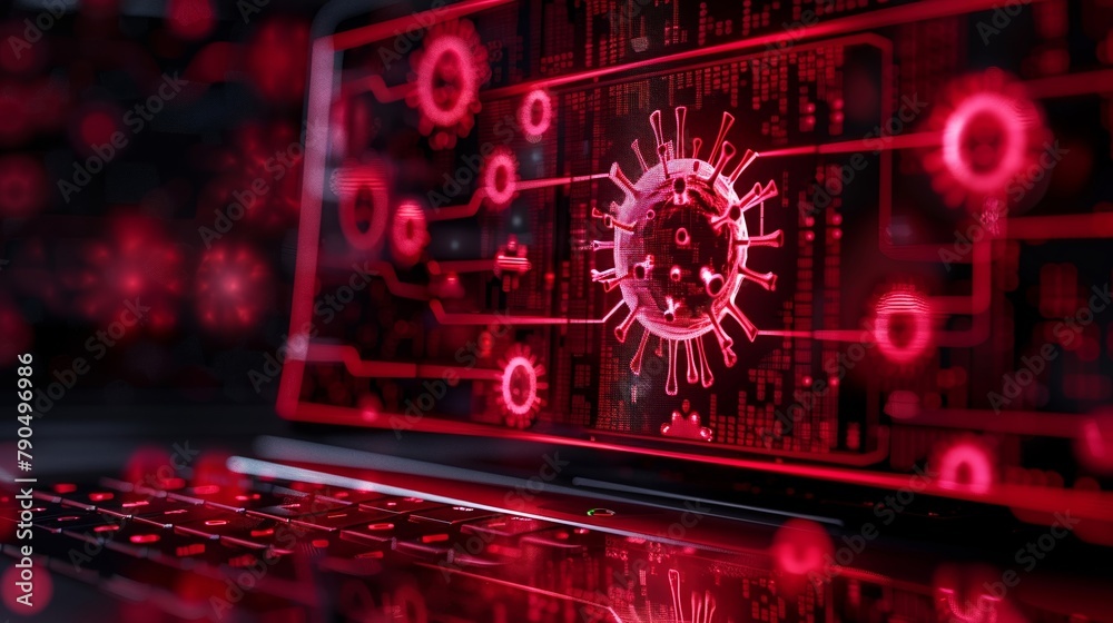 The folder icon is infected with a virus. A laptop displays a malware ...