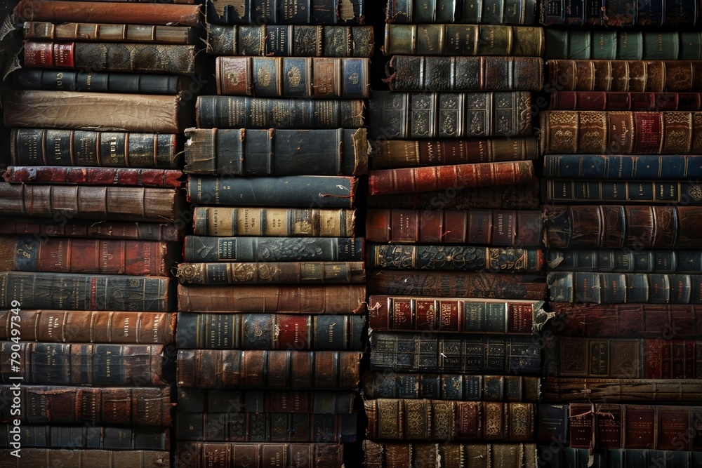 Vintage books on a tall shelf, antique book collection in an old ...