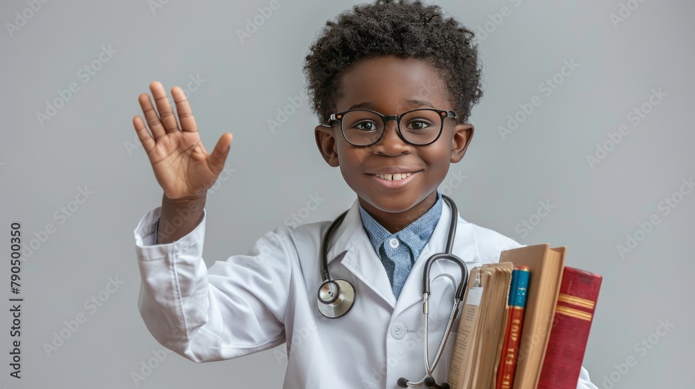 Cute African Nigerian boy doctor wear medical uniform glasses with ...
