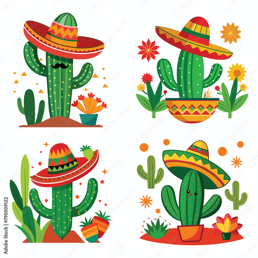 Vector of cactus tree with sombrero and Guiter and flowers with ...