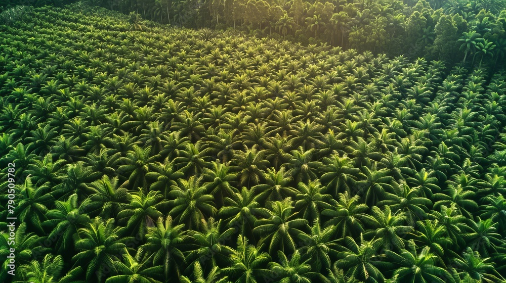 Top view. Aerial view panorama of a vast oil palm plantation ...
