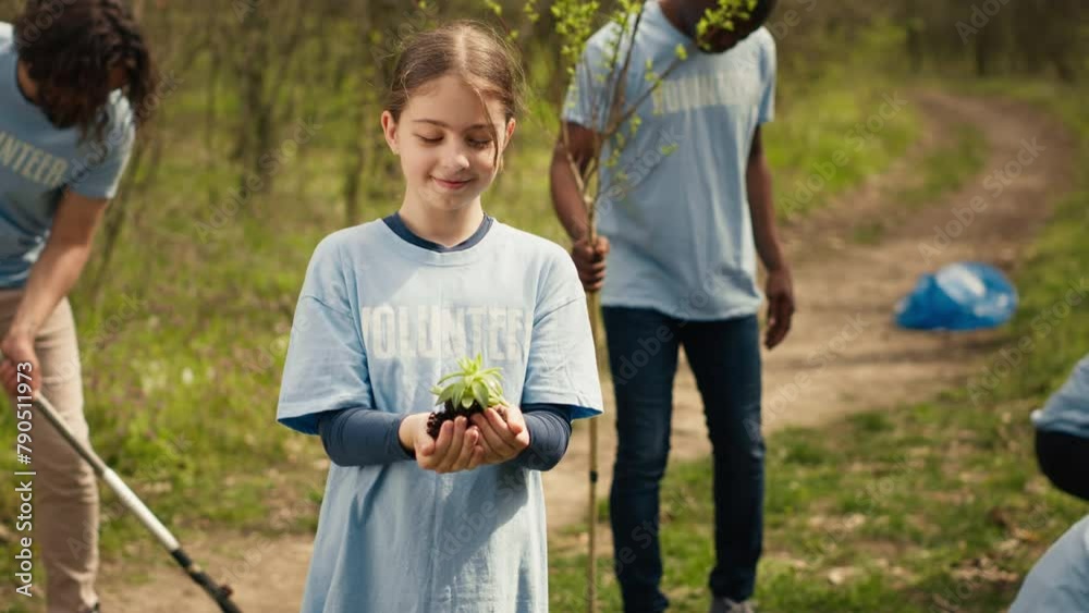 Cute child activist presenting a small seedling tree in her hands ...