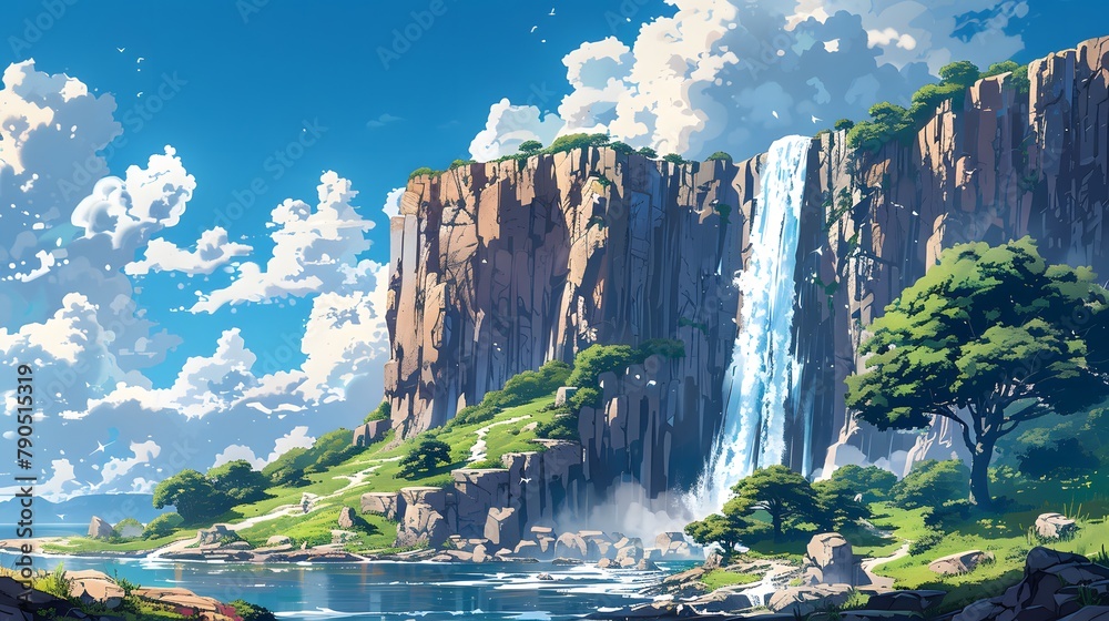 Tranquil scene of a majestic waterfall descending from a lofty cliff in ...