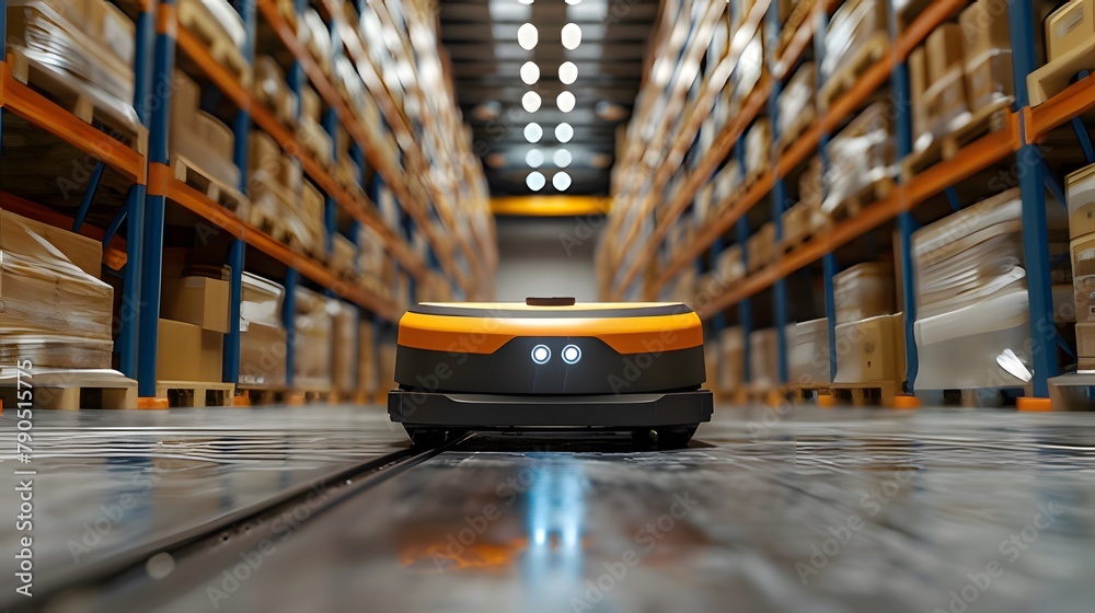 A closed up robot truck with yellow body waits at the loading dock ...