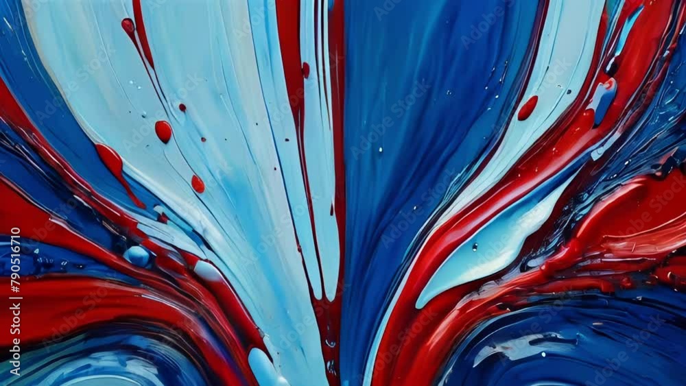 Pouring liquid red paint and two shades of blue to create a new color ...