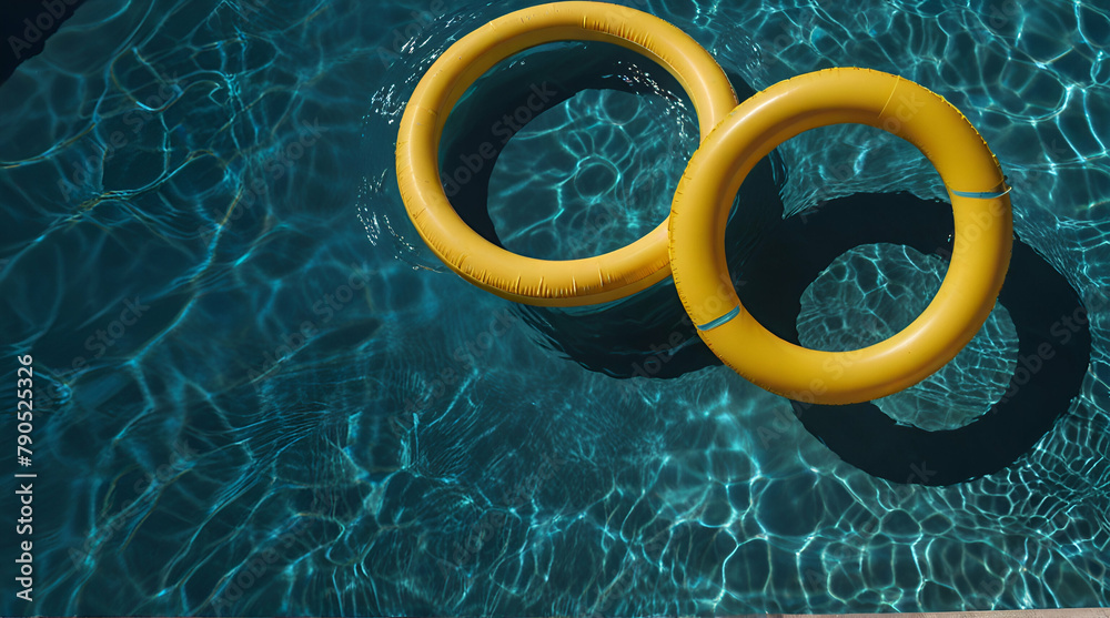 yellow swimming pool ring float in blue water. concept color summer ...