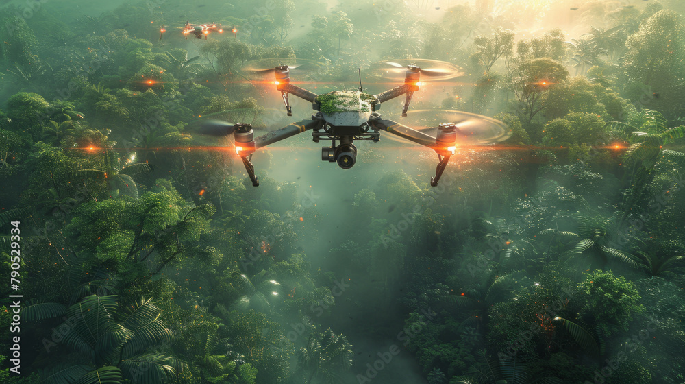 Drones equipped with sensors soar above dense forest, capturing data on ...