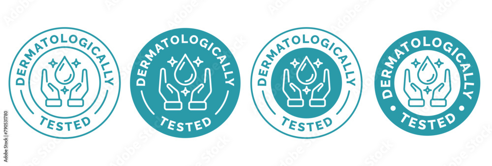 Set dermatologically tested vector label with water drop, leaf and hand ...
