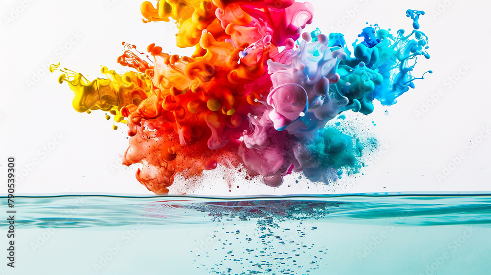 An explosion of acrylic paint underwater, a vibrant burst of colors ...