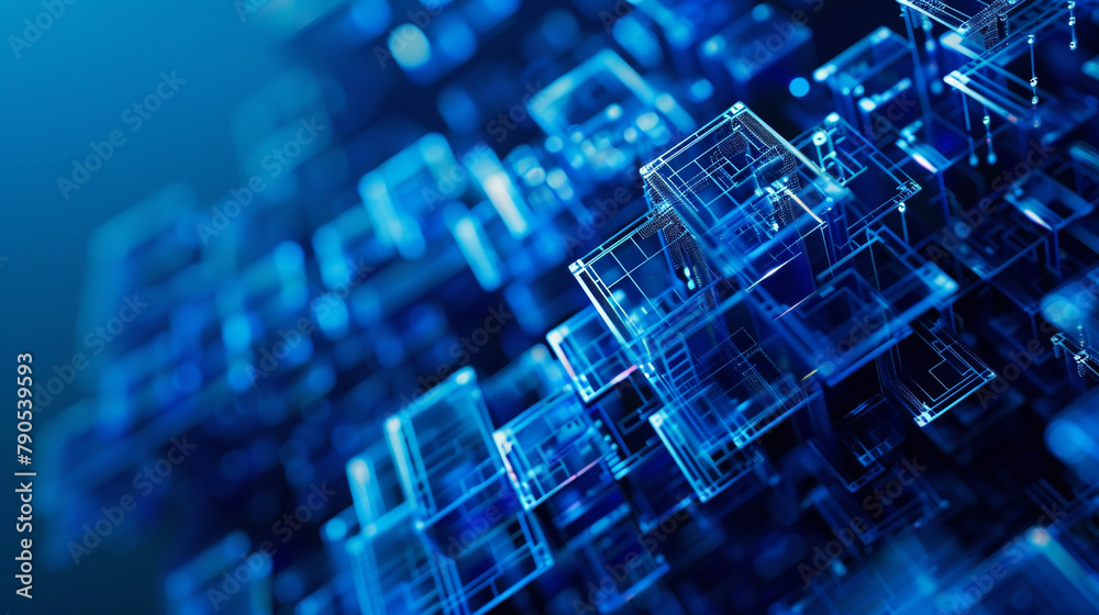 A close-up of a complex, blue, geometric structure that resembles a ...