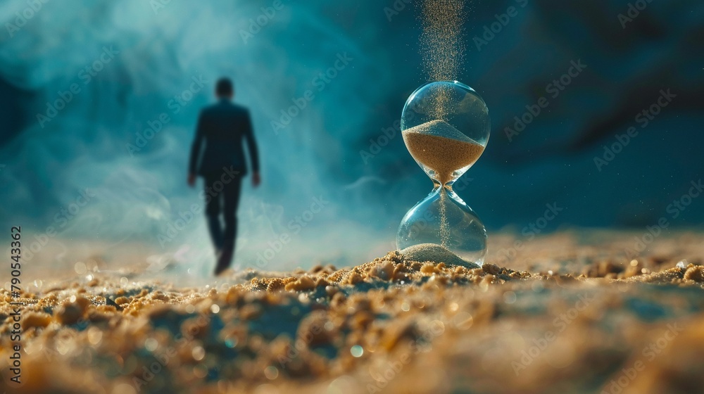 a businessperson racing against sand falling rapidly in a giant ...