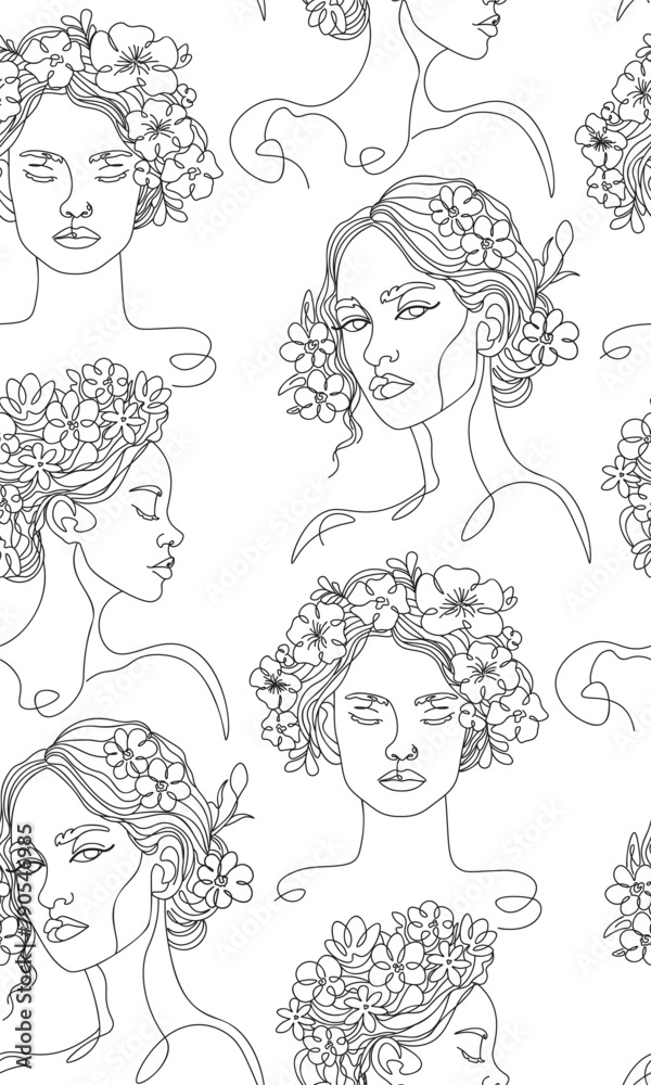 Line art woman with flowers on head. Floral feminine Illustration line ...