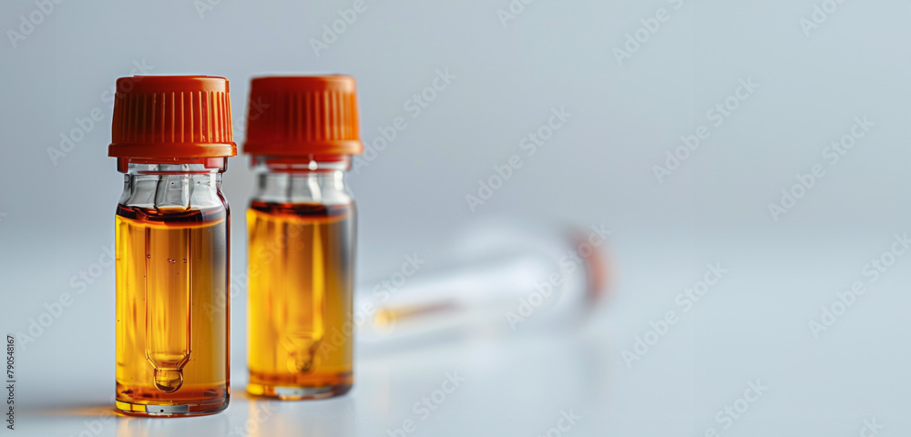 Twin vials of urine samples with a dropper in the background, set for ...