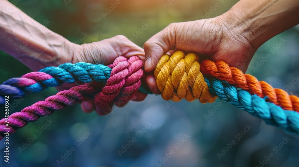 Team rope diverse strength connect partnership together teamwork unity ...