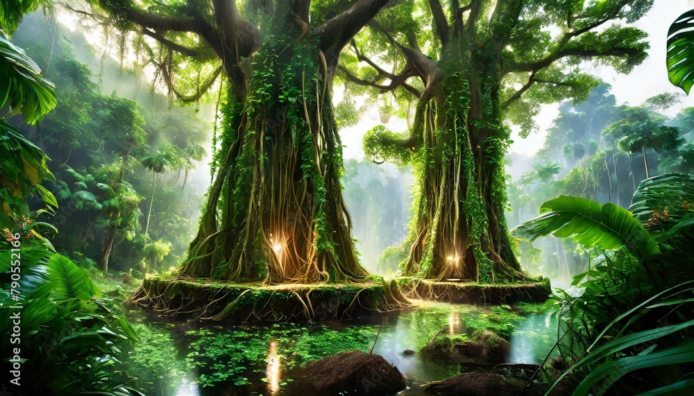 In the middle of the jungle, two huge trees surrounded by many vines ...