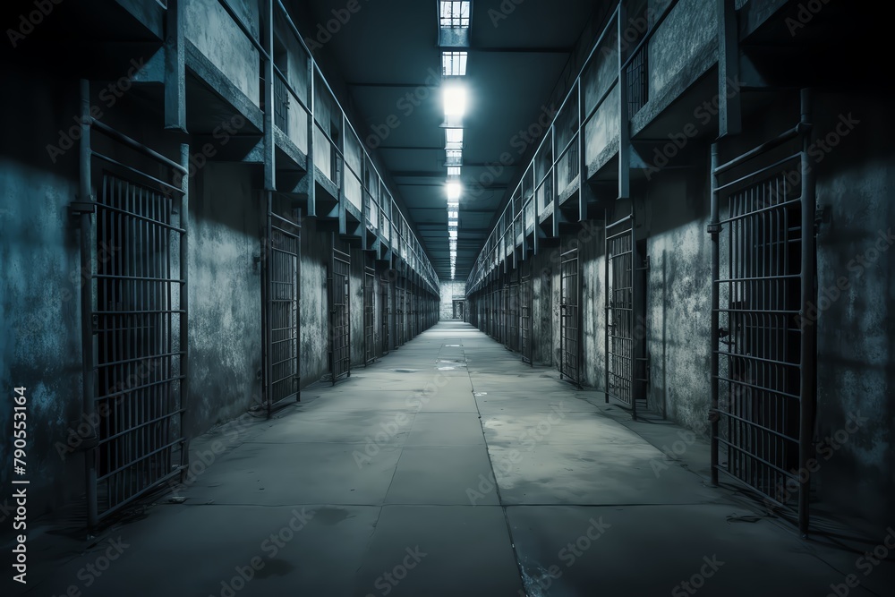 ภาพประกอบสต็อก Interior of a prison corridor with rows of cell doors ...