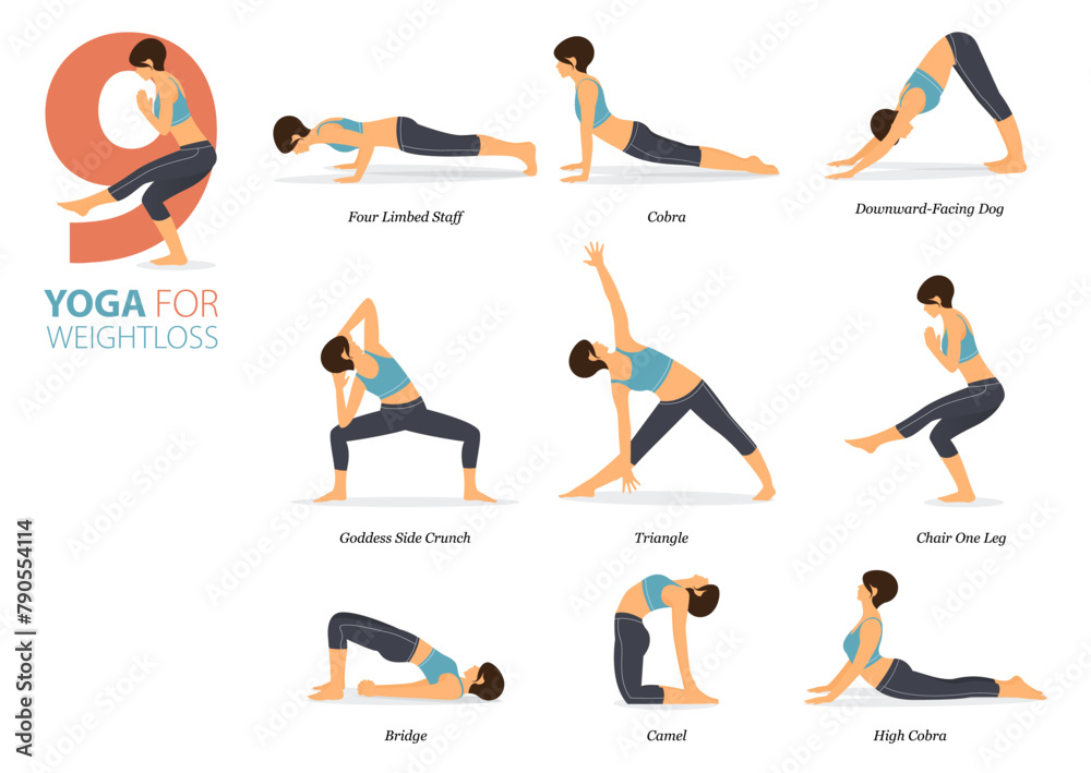 9 Yoga poses or asana posture for workout in weight loss concept. Women ...