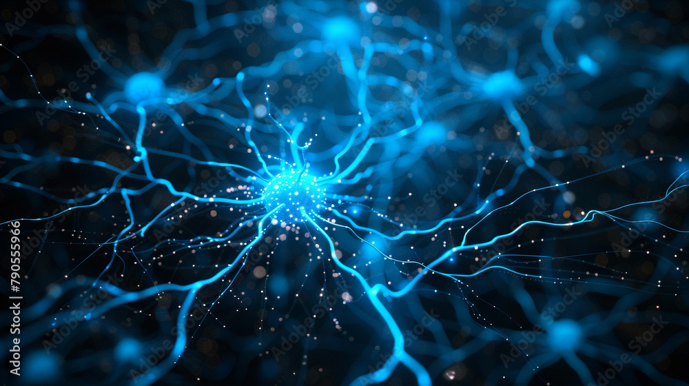 A network of blue, glowing pathways branching out from a central point against a shadowy ...