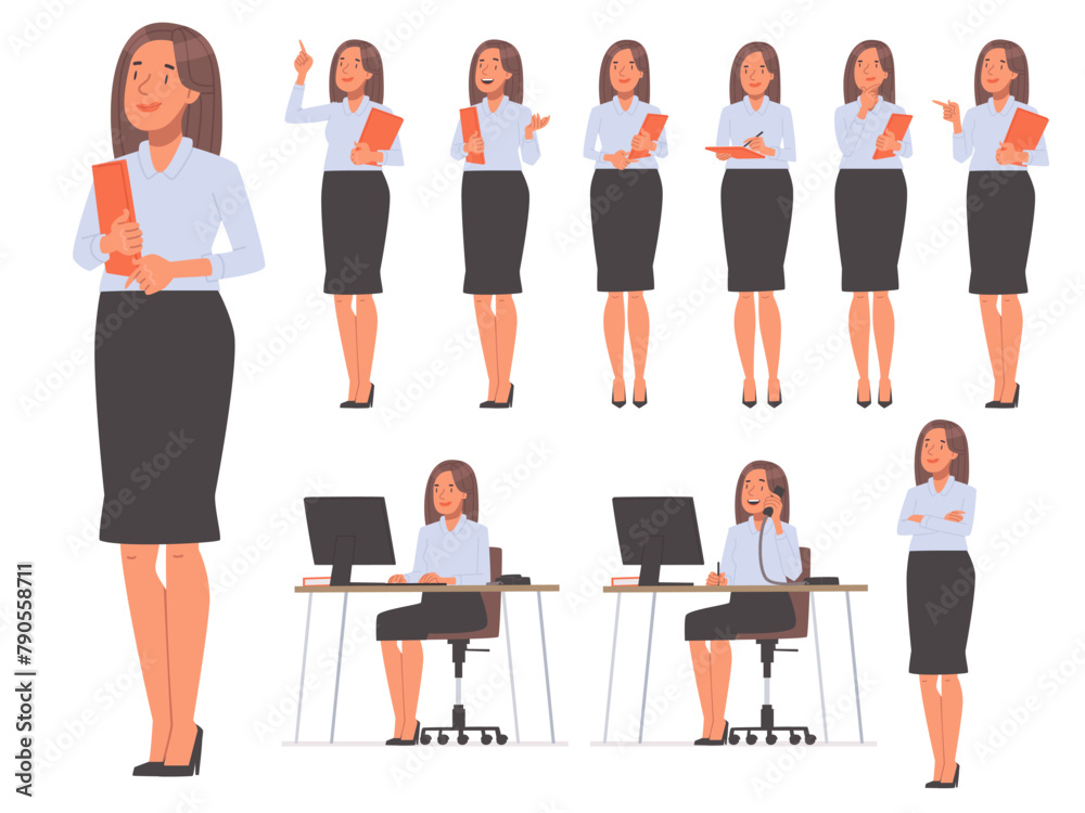 Set of female secretary character. Businesswoman in various actions and ...