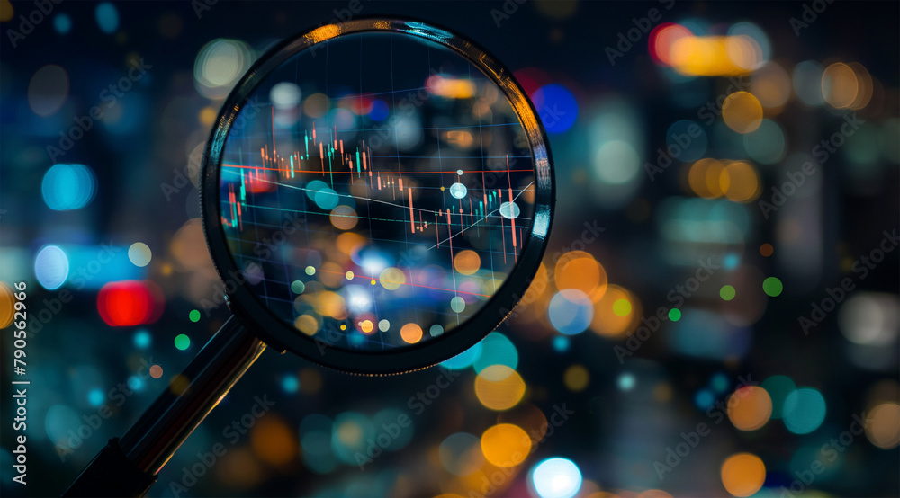 A magnifying glass over an interactive graph, with city lights in the ...