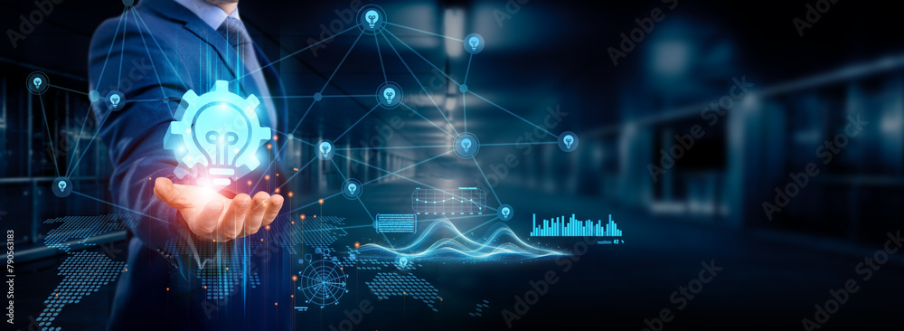 Businessman holding innovation icon global structure, networking, data ...