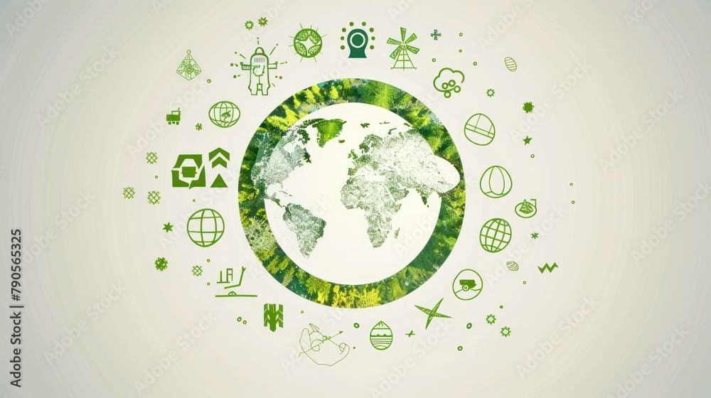 sutainability, world in the middle, around symbols of sustainability ...