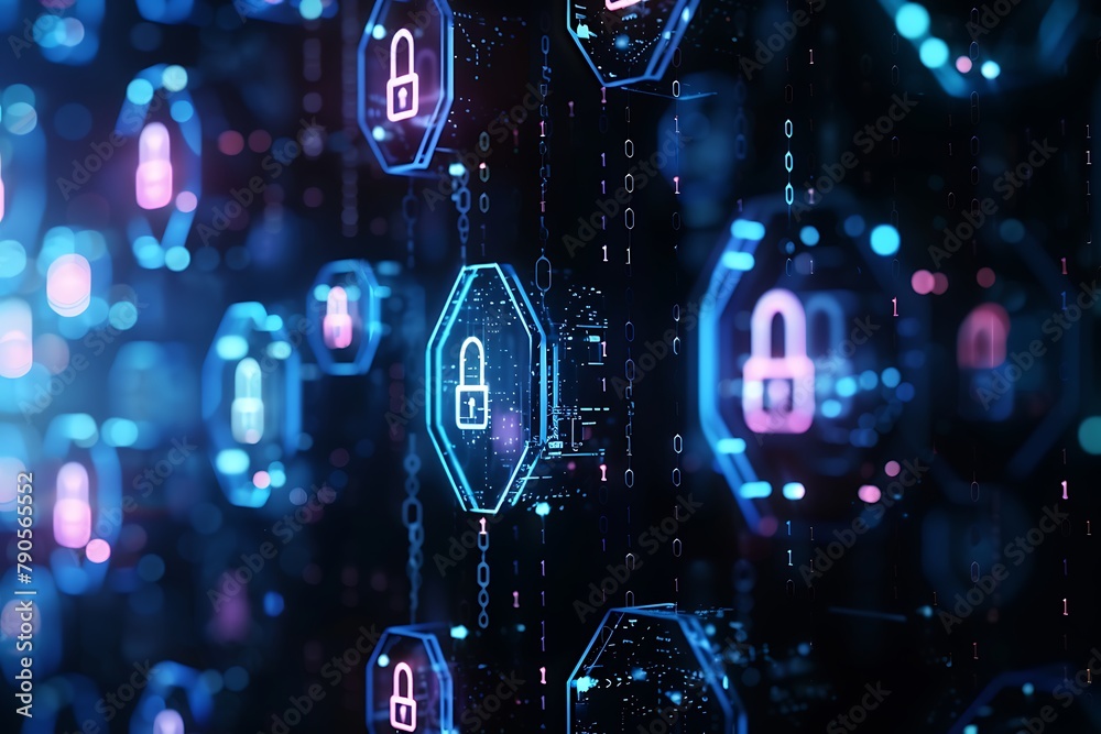 Abstract digital background with hexagons and padlocks in dark blue neon lights, network concept ...