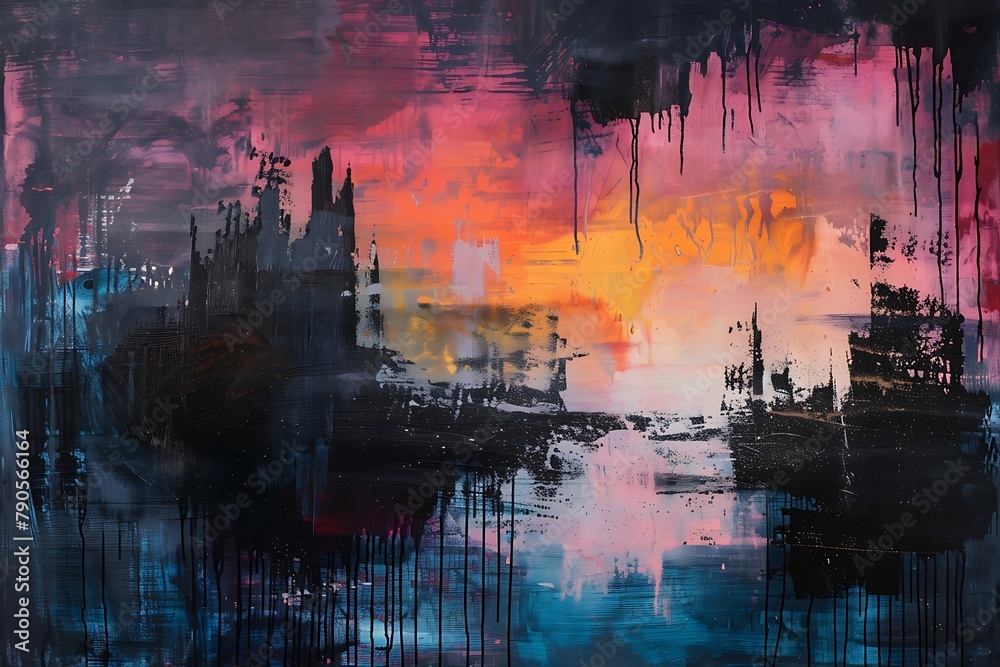 : An abstract interpretation of a skyline with a stylized sunset and a ...