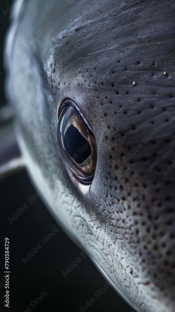 Photographs a closeup of a sharks eye, the dark gray skin reflecting ...