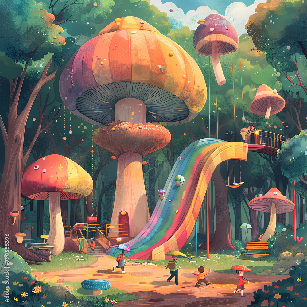 Illustrate an imaginative playground filled with whimsical structures ...