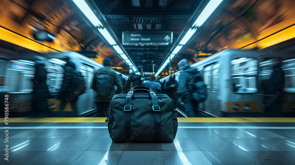 Travel Duffel Bag on Subway Station Platform Surrounded by Passing ...