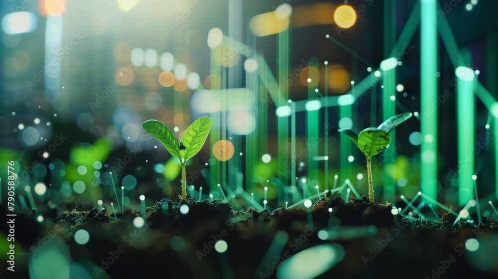 Seedling sprouting amidst coins, upward trending bar graphs, team ...