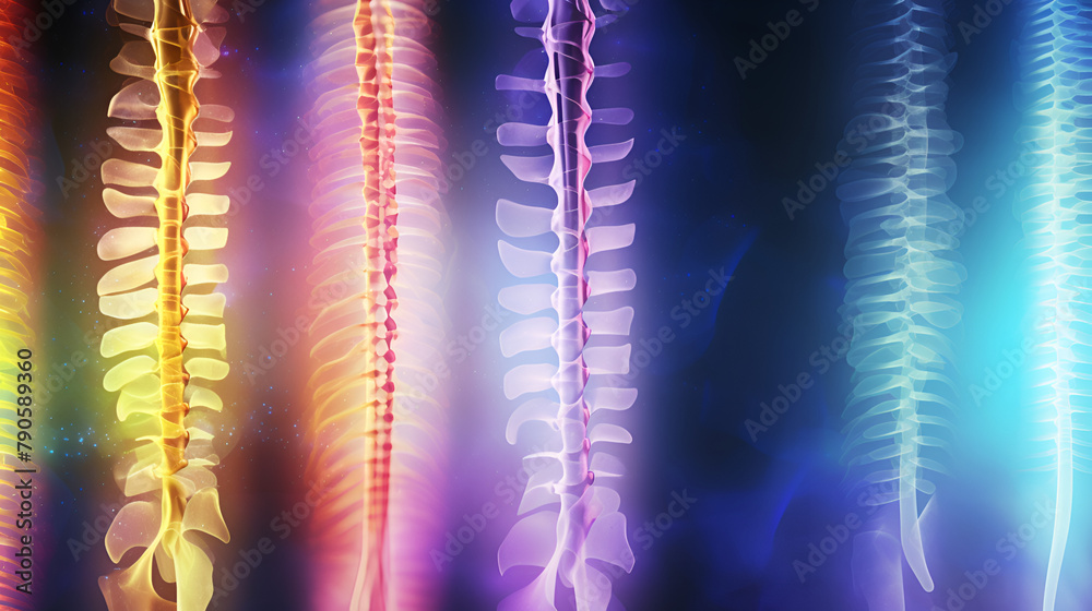 Human spine visual pain and disorders with neon colors on black ...
