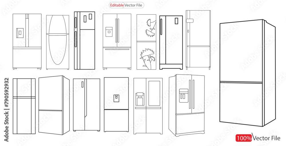 Big Set Double door fridge outline icon vector. Double-door fridge ...