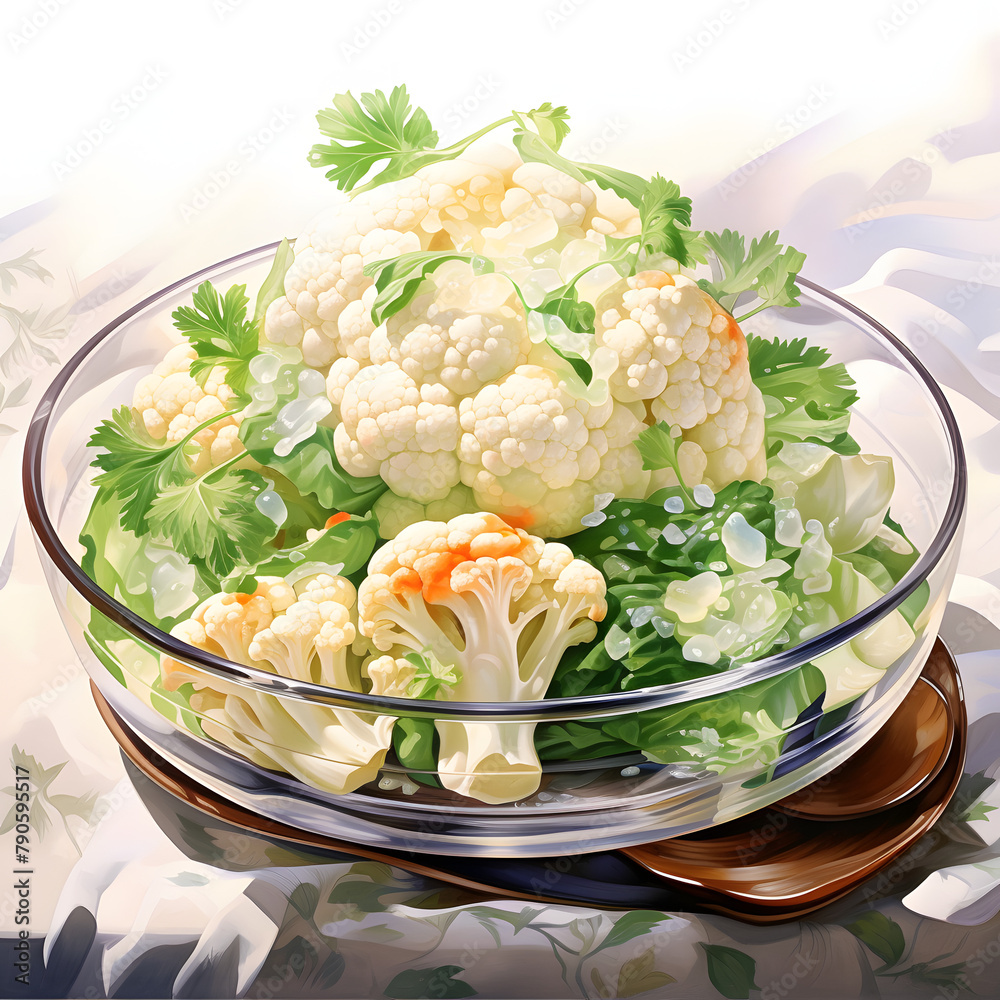Cauliflower in Glass bowl, vegetable, full body, watercolor ...