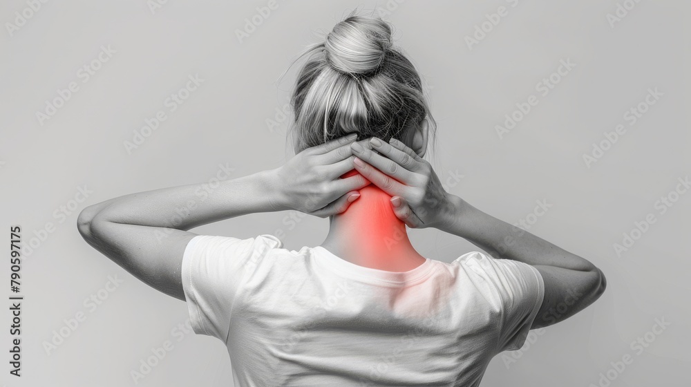 Neck pain muscle stress and strain concept. Stressed blonde woman ...
