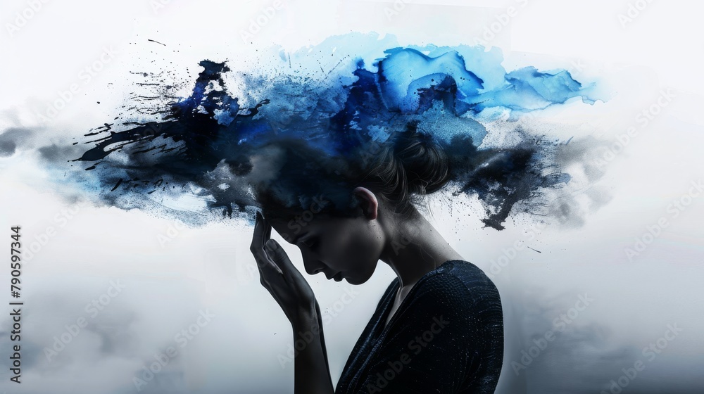 Mental Health Disorder Concept. Exhausted Depressed Female touching ...