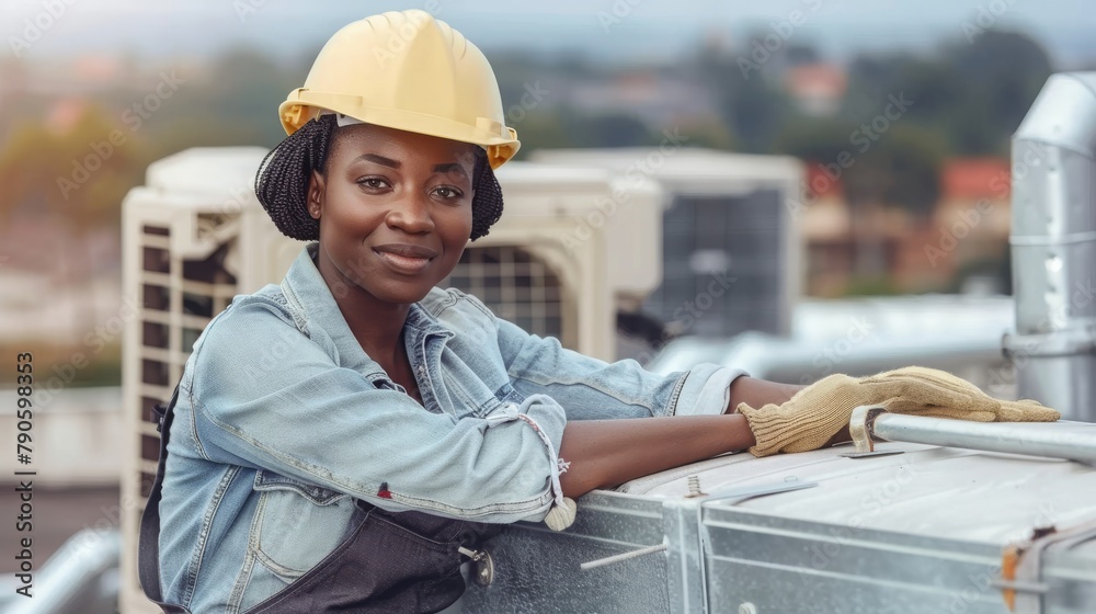 Happy black woman, technician and building installation for air control ...