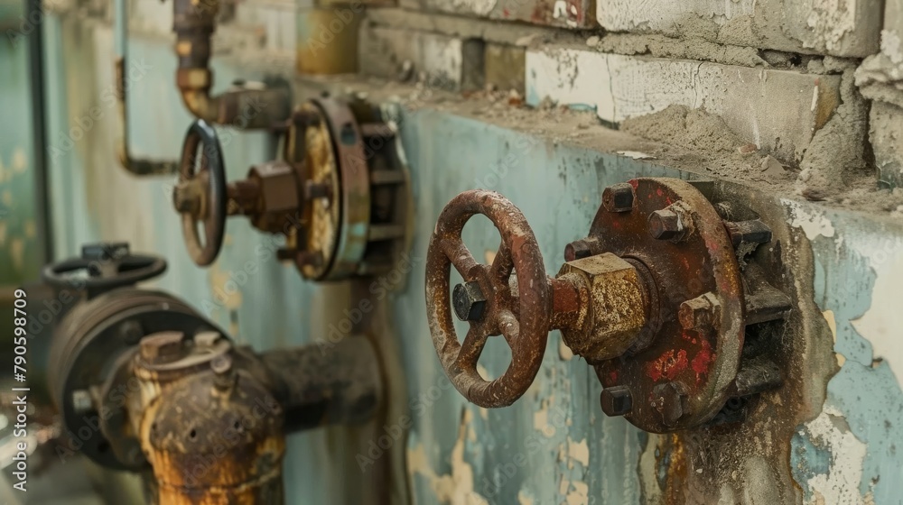 Old rusty steel valve knobs on the wall of a historic water tower ...