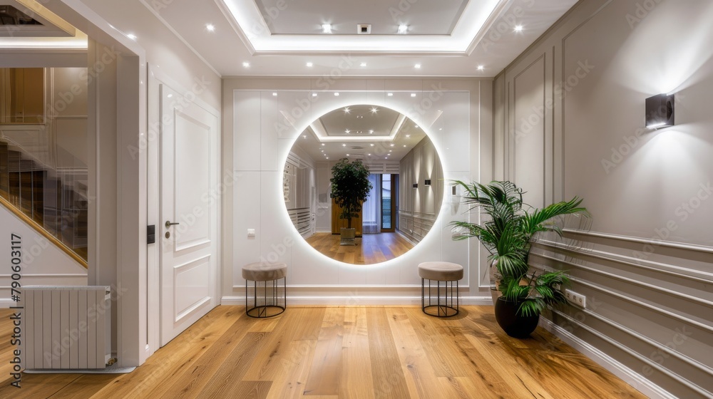 Entrance hall with large mirror install on wall over hardwood floor ...