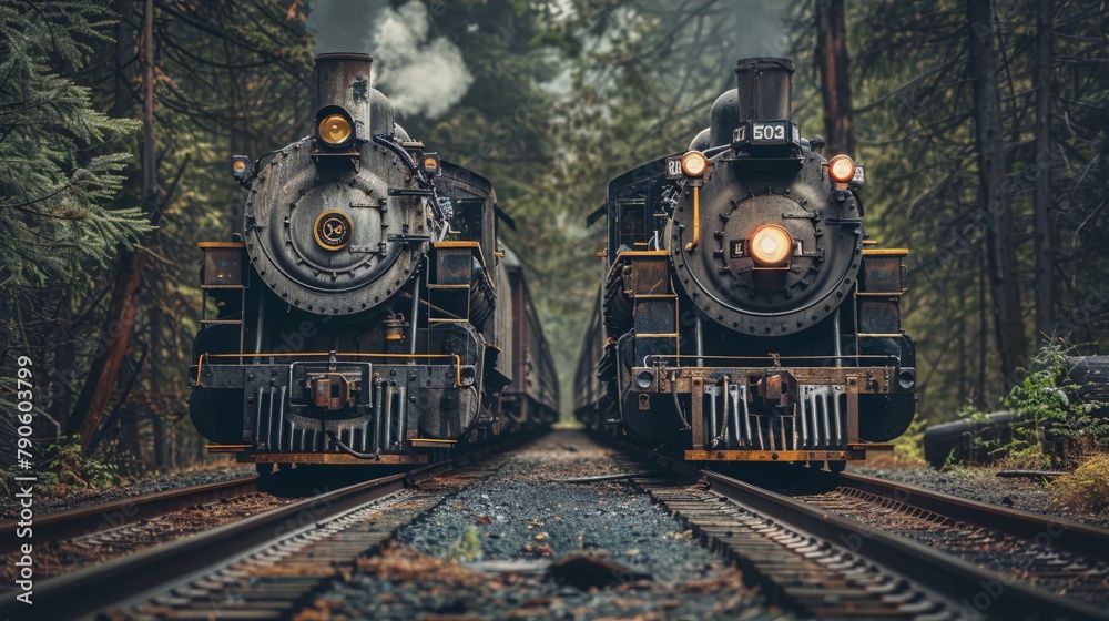 Two old steam trains face each other on railroad tracks in a misty ...