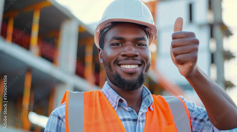 black african male construction worker in helmet gives a thumbs up ...