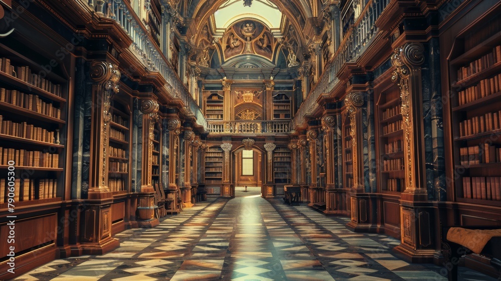 Historic library, opulent architecture, vast bookshelves, cultural ...