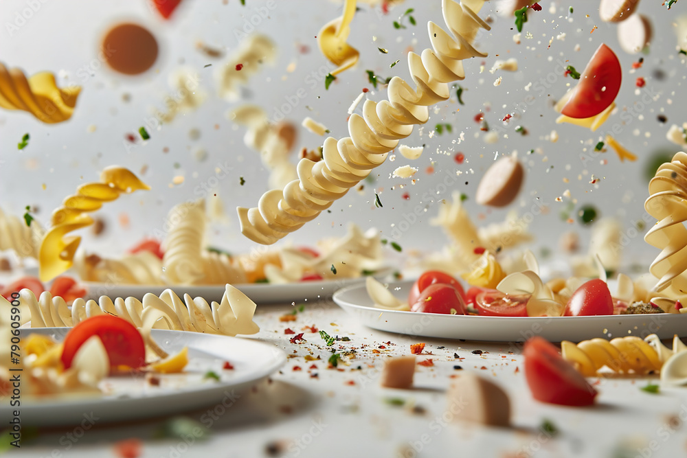 Different types of pasta flying and floating in the air chaotically and ...