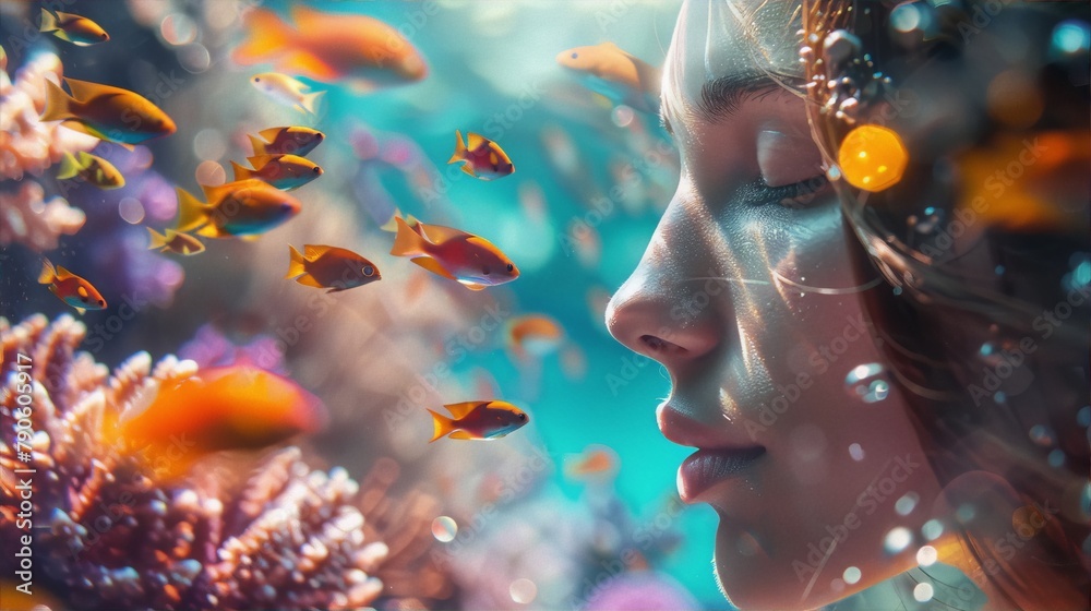 Graceful woman face half-submerged in water with colorful fishes ...