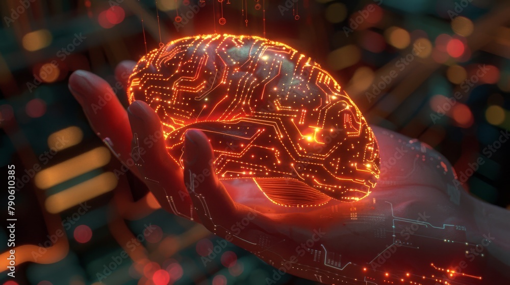 A circuit board resembling an electronic brain with gyrus is depicted ...