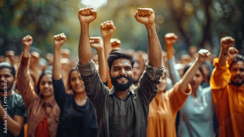 A group of people raising their fists in the air, standing together for ...