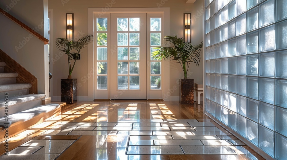 A modern home interior with glass blocks forming an elegant screen ...