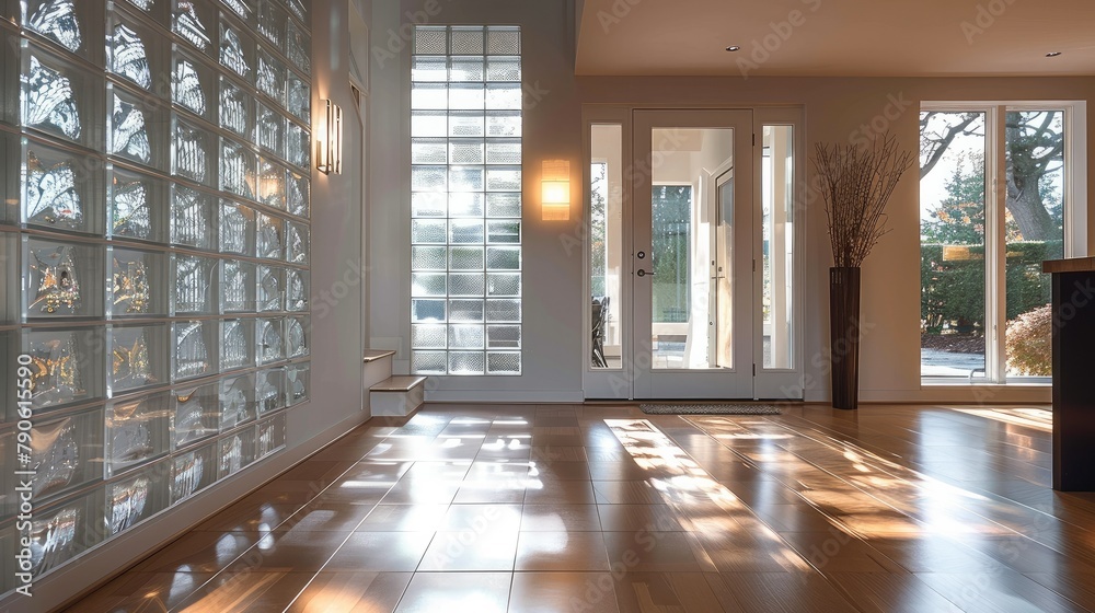 A modern home interior with glass blocks forming an elegant screen ...