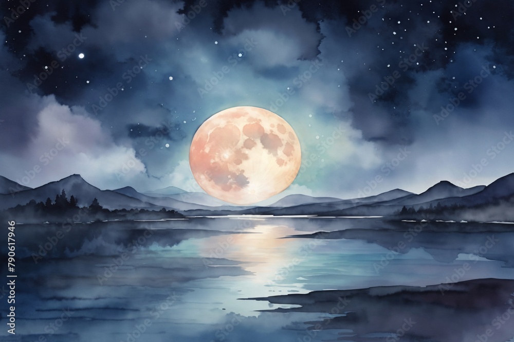 Watercolor Painting of a night scene with a lake, Moonlight Watercolor ...